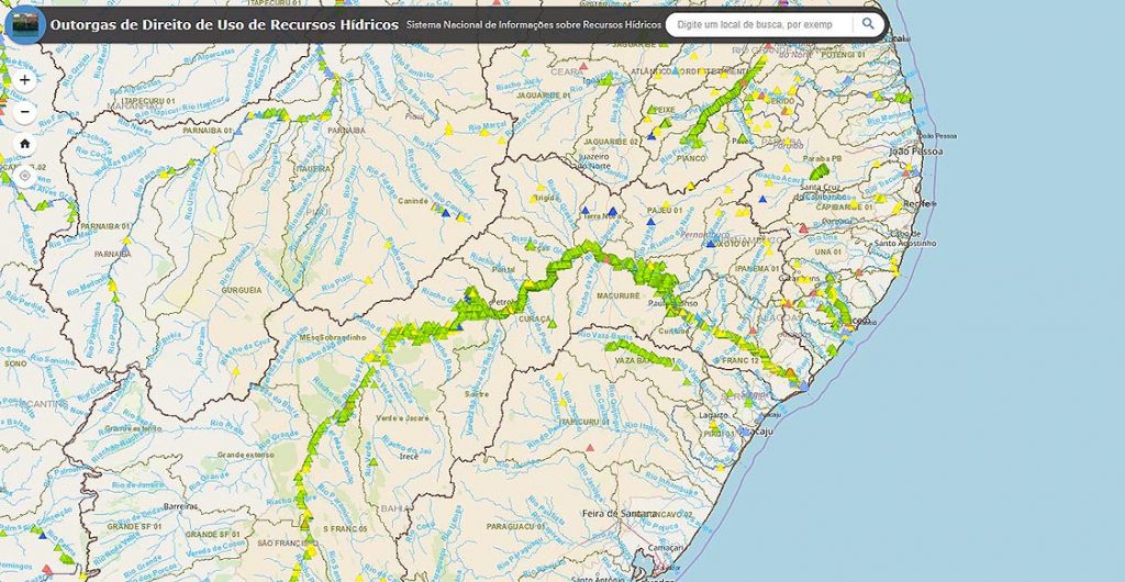 Mapa das outorgas nos rios de domínio da União